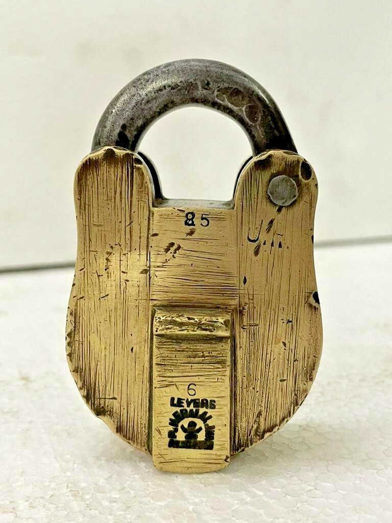OLD VINTAGE RARE HANDMADE UNIQUE 6 LEVERS BRASS PADLOCK WITH RUSTIC KEY ...