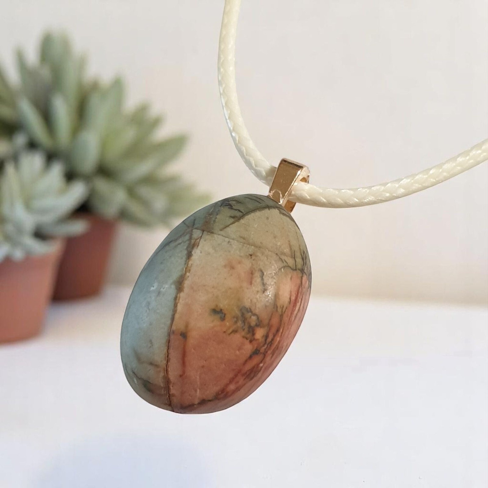 Natural Jasper Stone Pendant Necklace Adjustable Leather Cream Cord ...