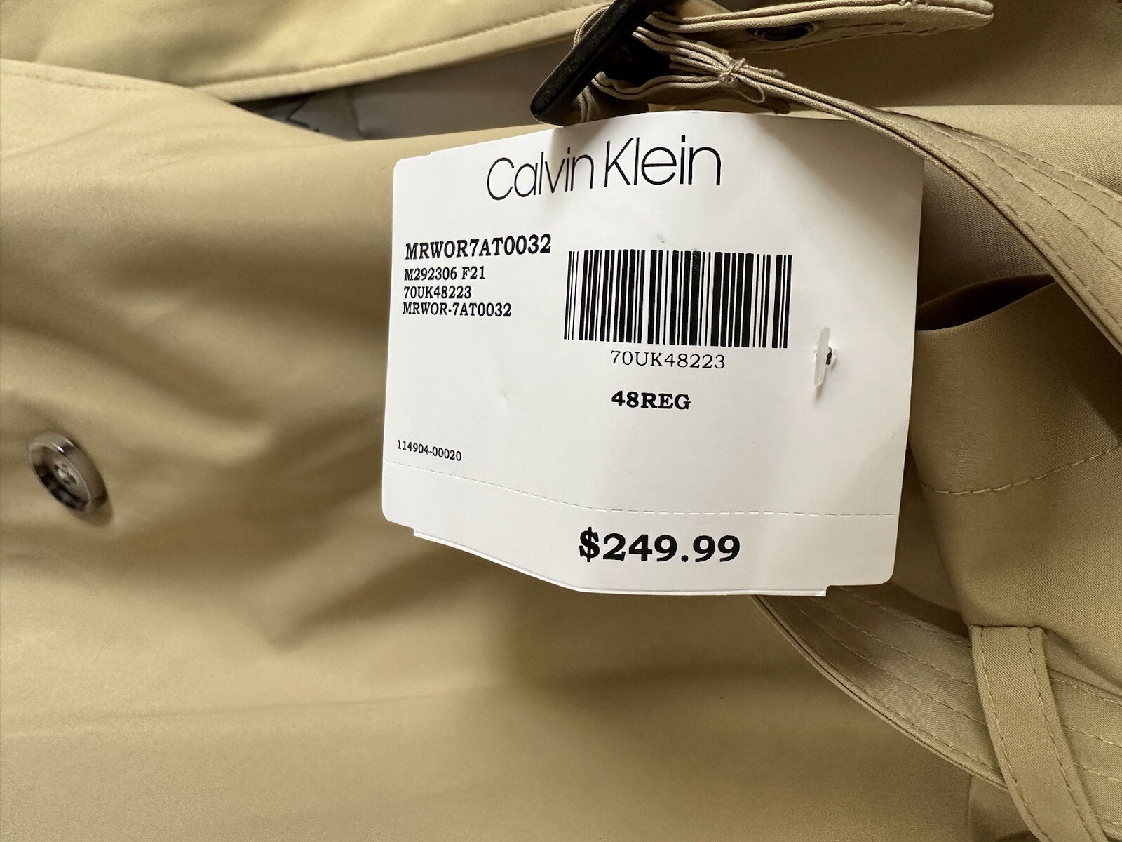 Calvin Klein CK Men’s Slim Fit Beige Double Breasted Raincoat Coat ...