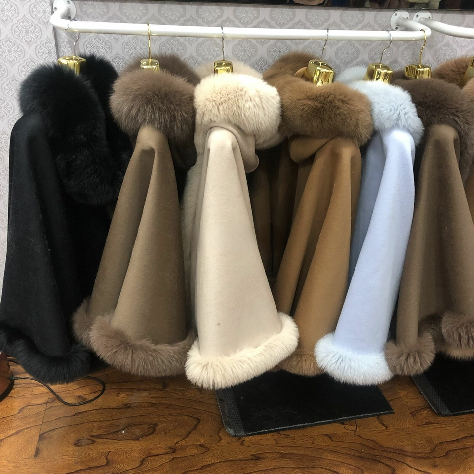 Ladies Wool Cashmere Cape Coat Fox Fur Trim All Round Cloak Poncho ...