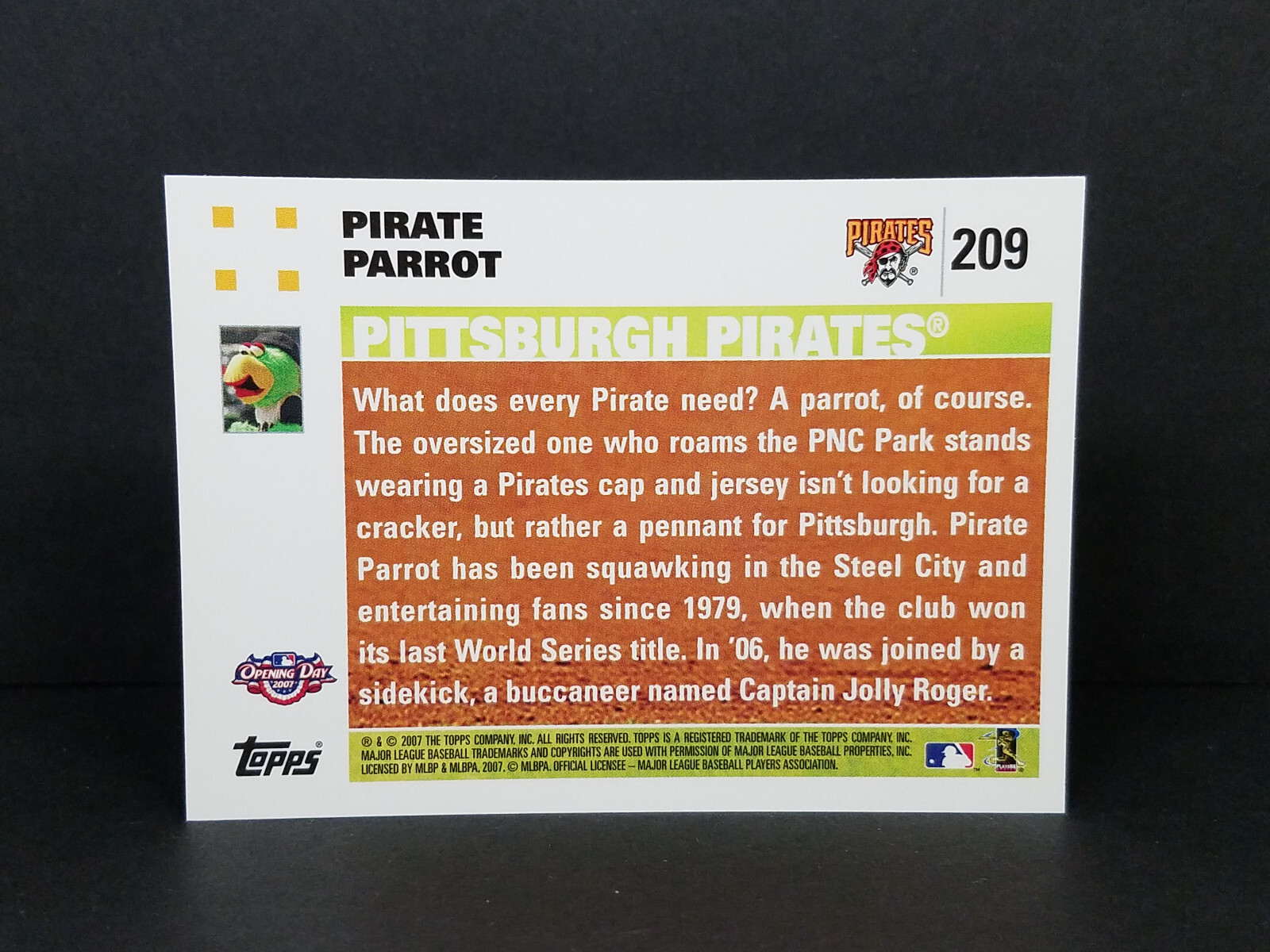 2007 Topps Opening Day #209 Pirate Parrot - Pittsburgh Pirates Mascot ...