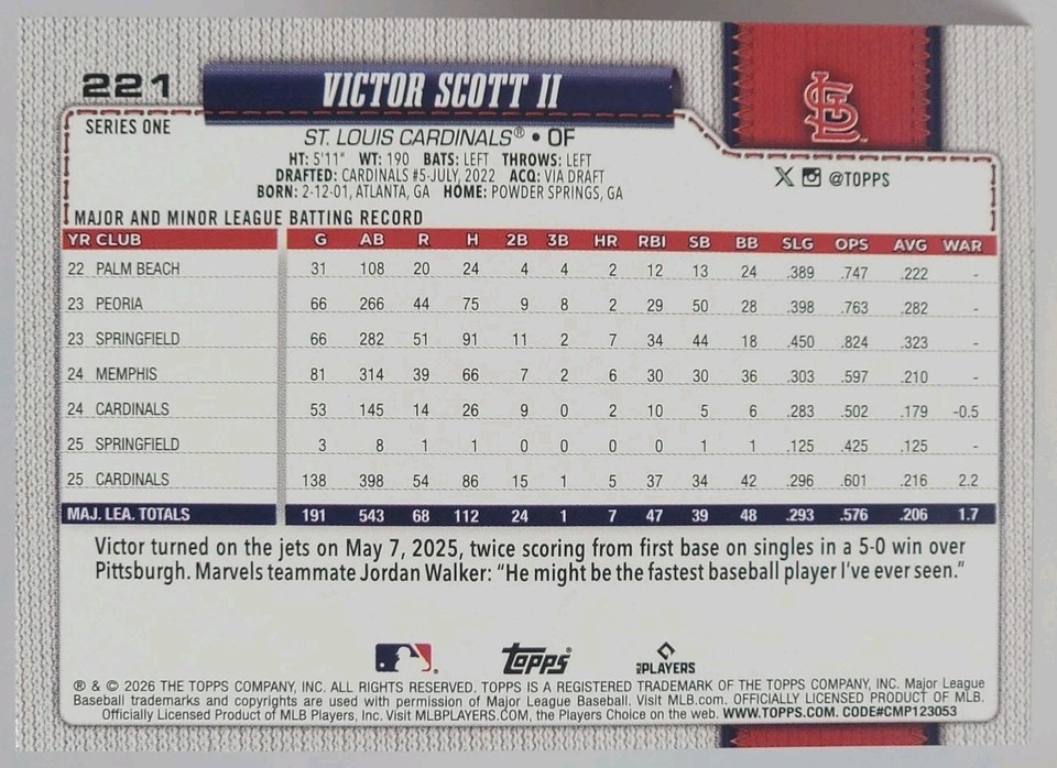 Victor Scott II 2026 Topps Series 1 Topps Logo Foil Pattern Card #221 ...
