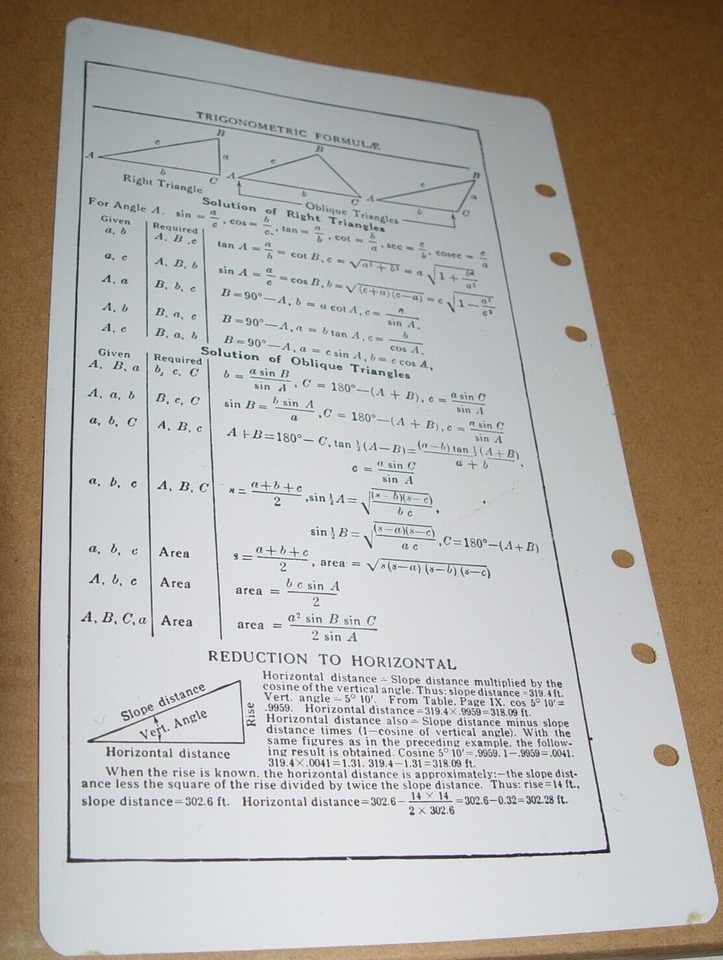 Vintage Engineering Pocket Reference Chart Plastic 7x4 Trigonometry ...