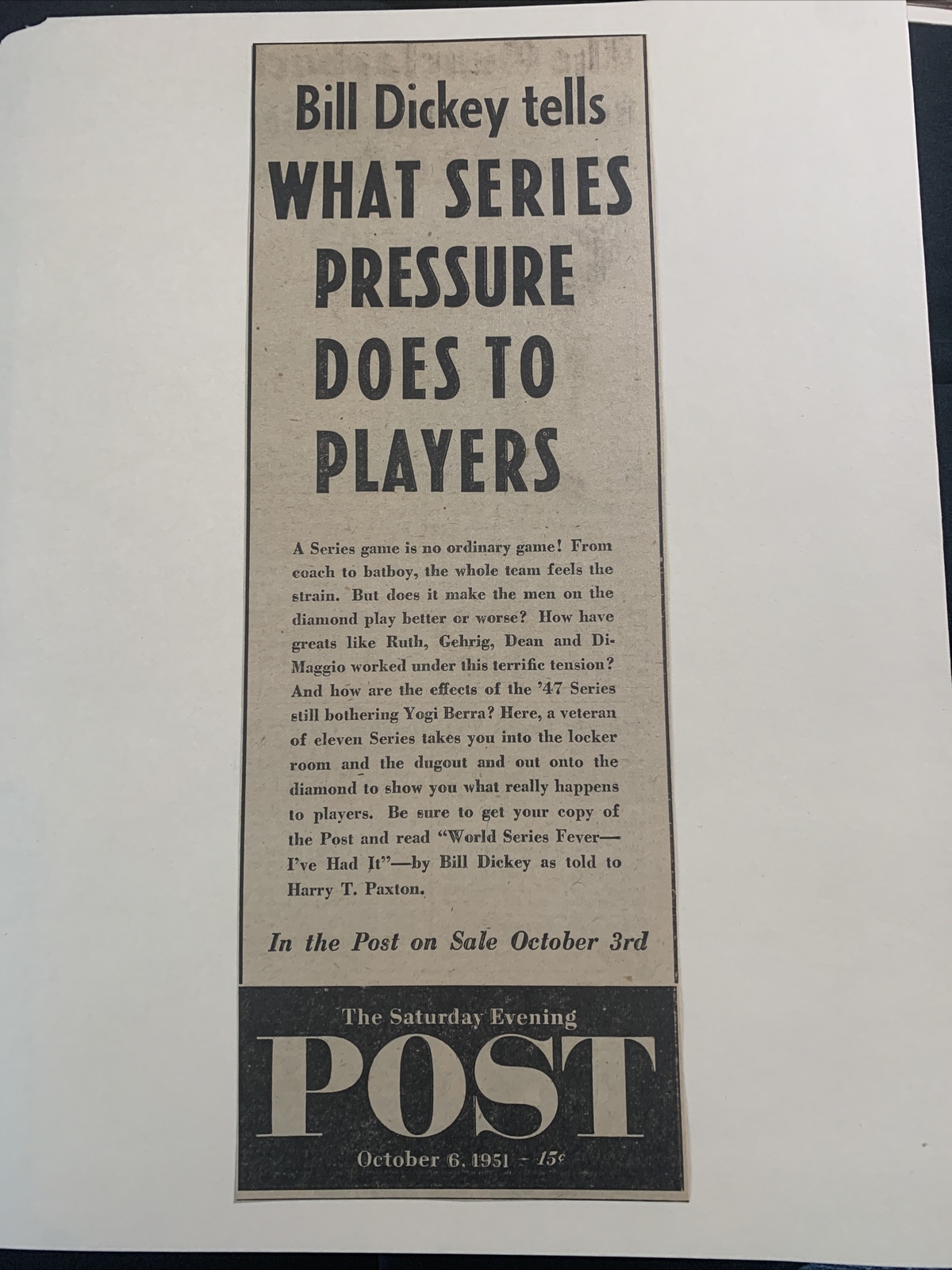 Saturday Evening Post Bill Dickey WS Pressure 1951 Sporting New ...