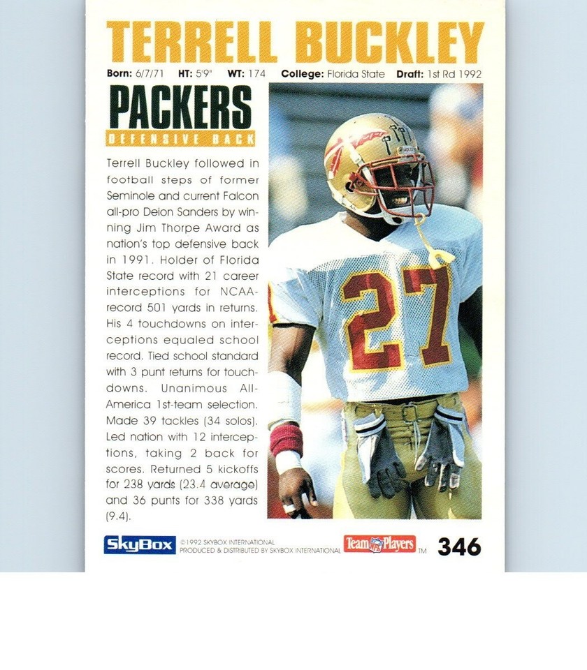 Terrell Buckley 346 Packers 1992 Skybox Football Trading Card | eBay