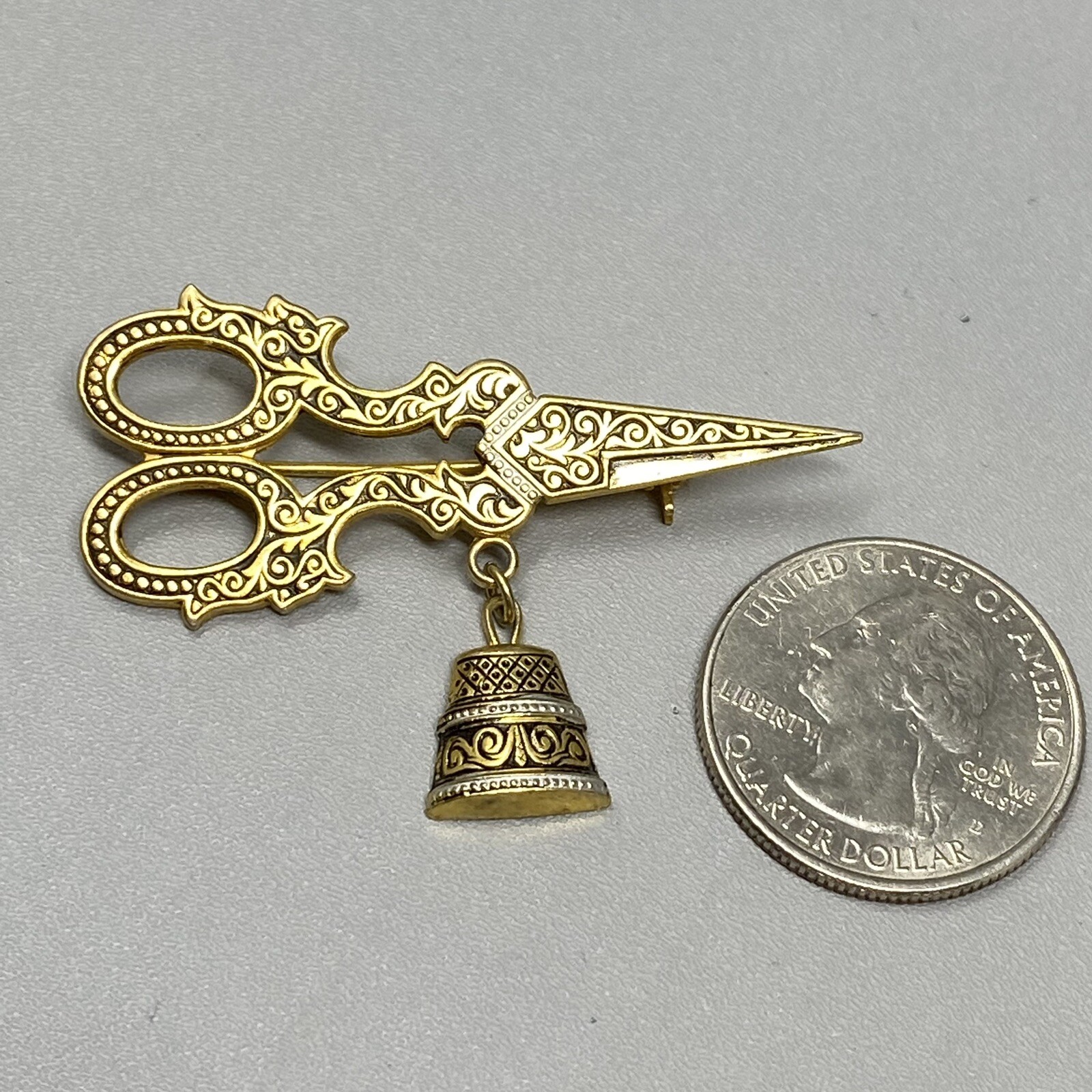 VTG Damascene Brooch Gold Tone Oxidized Scissors Thimble Charm Sewing ...