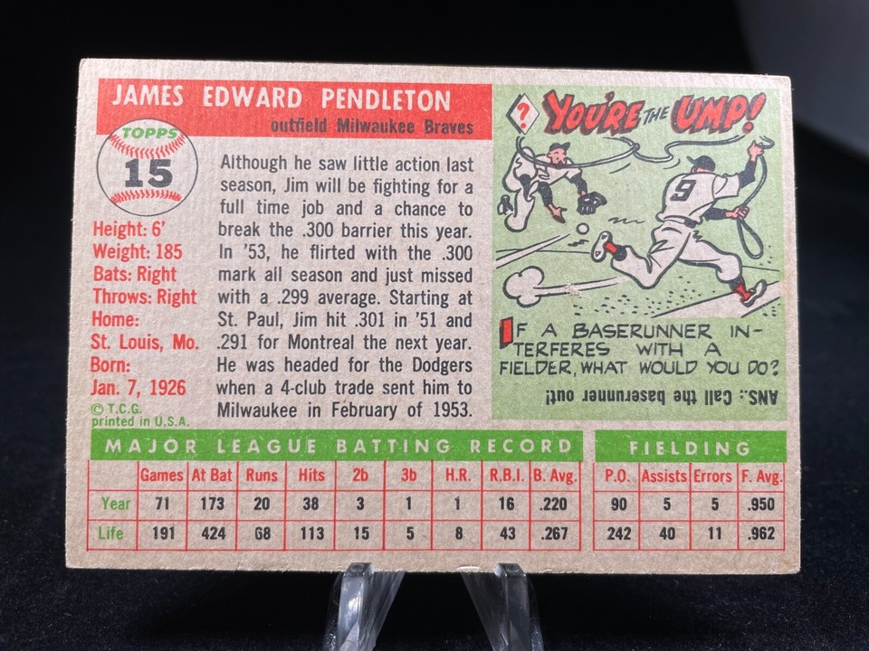 1955 Topps Baseball Jim Pendleton #15 Milwaukee Braves | eBay