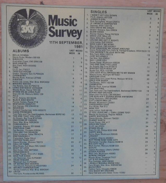 3XY TOP 40 MUSIC SURVEY CHART 1982 September 11th Rick Springfield NM ...