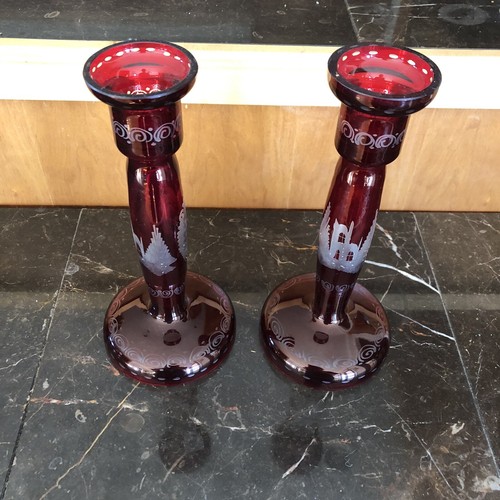 2 Vintage Egermann Ruby Red Crystal Candlesticks 8.75" Cut-to-Clear ...