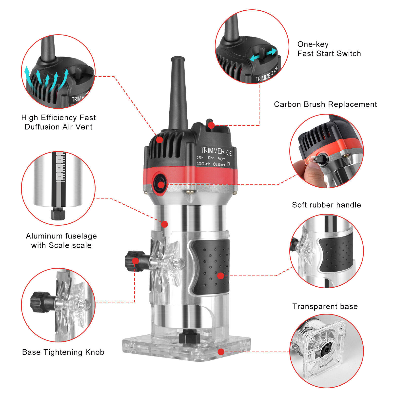 800W 1/4" Electric Hand Trimmer Palm Router Woodworking Laminate Wood ...
