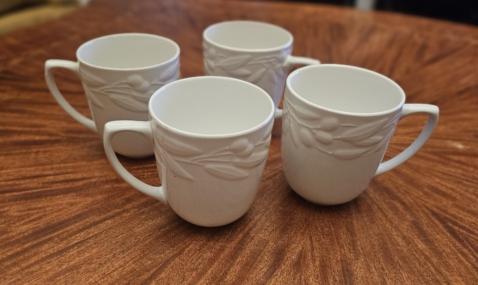 Gibson White Mugs-Fruit Embossed 8oz Coffee Set of 4 | eBay UK
