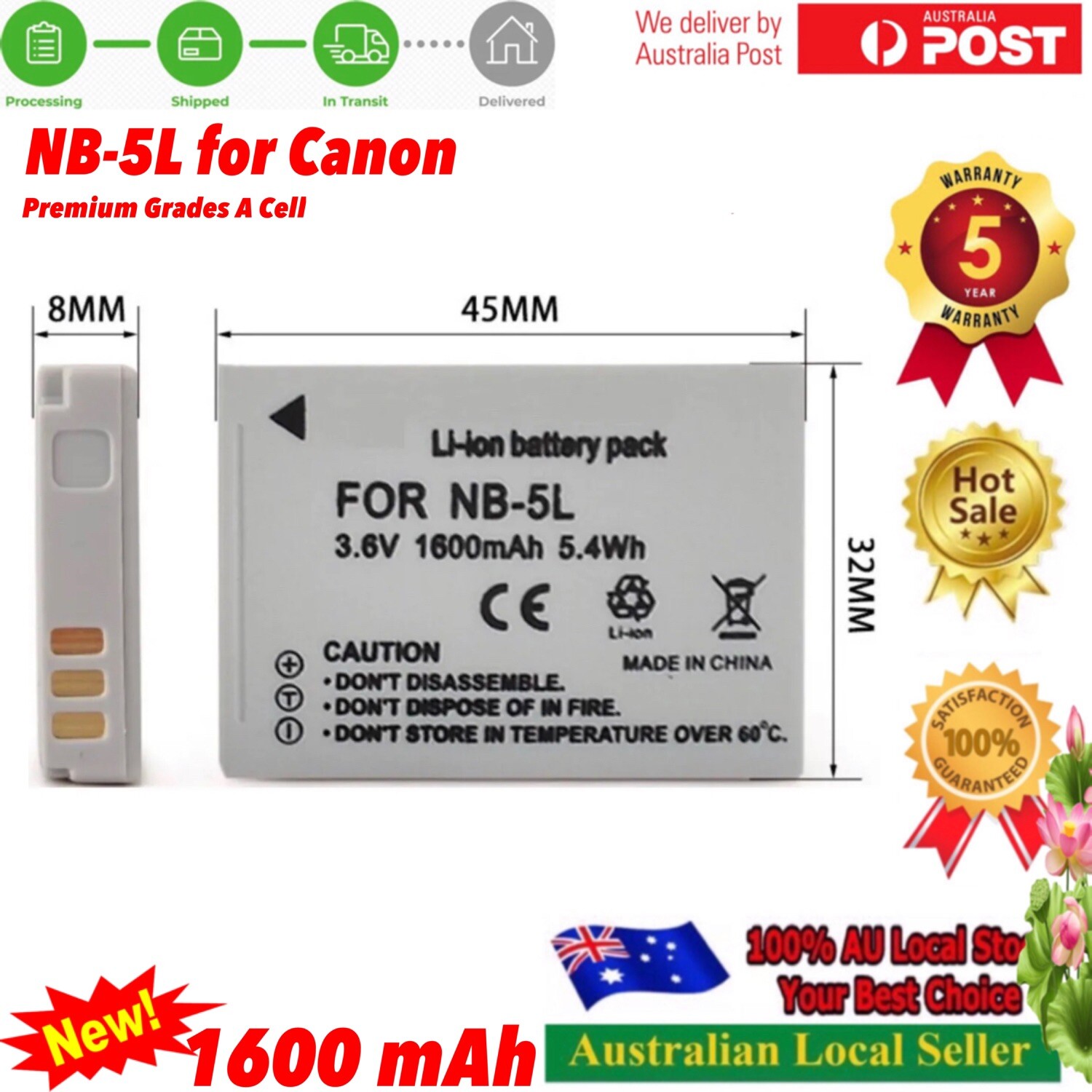 1600mAh Battery for Canon NB-5L Powershot SD790 IS SX200 IS SD800 IS ...