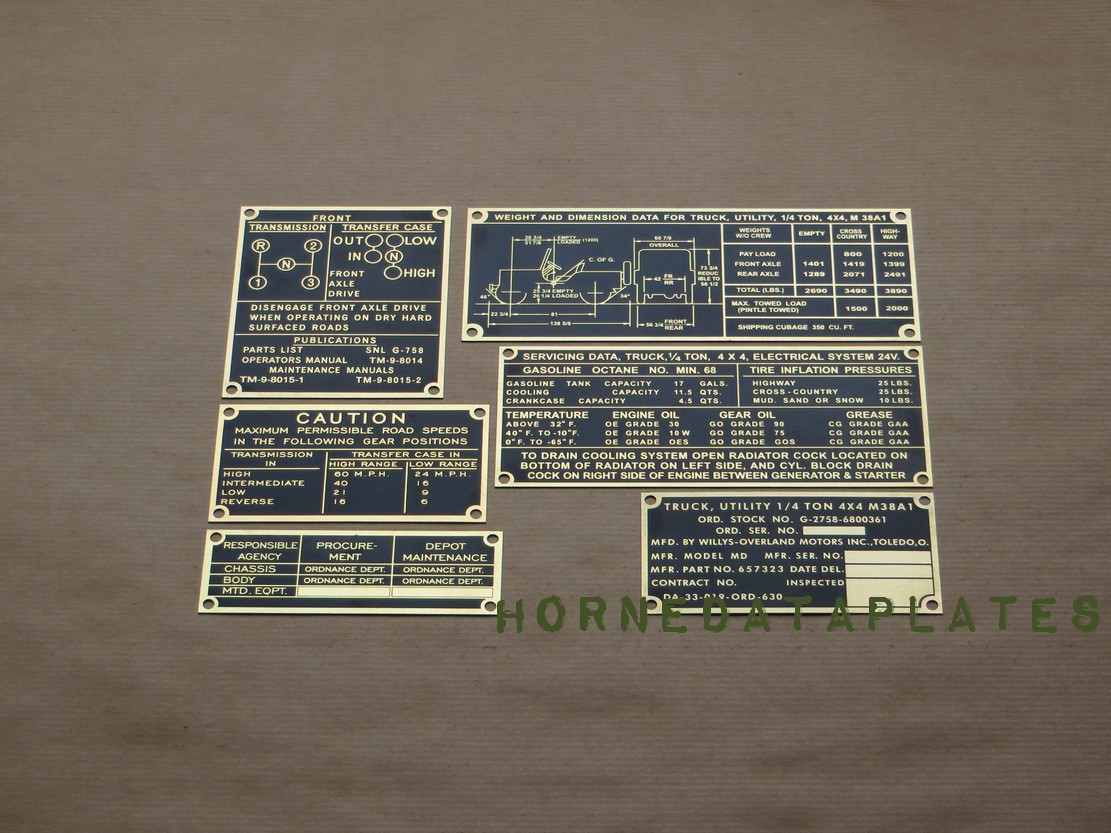 Jeep Willys MD M38A1 Brass Data Plates Set M-38A1 G-758 | Vintage Part