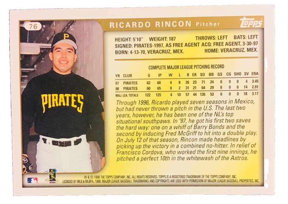 Pittsburgh Pirates RICARDO RINCON signed auto autographed 1999 TOPPS ...
