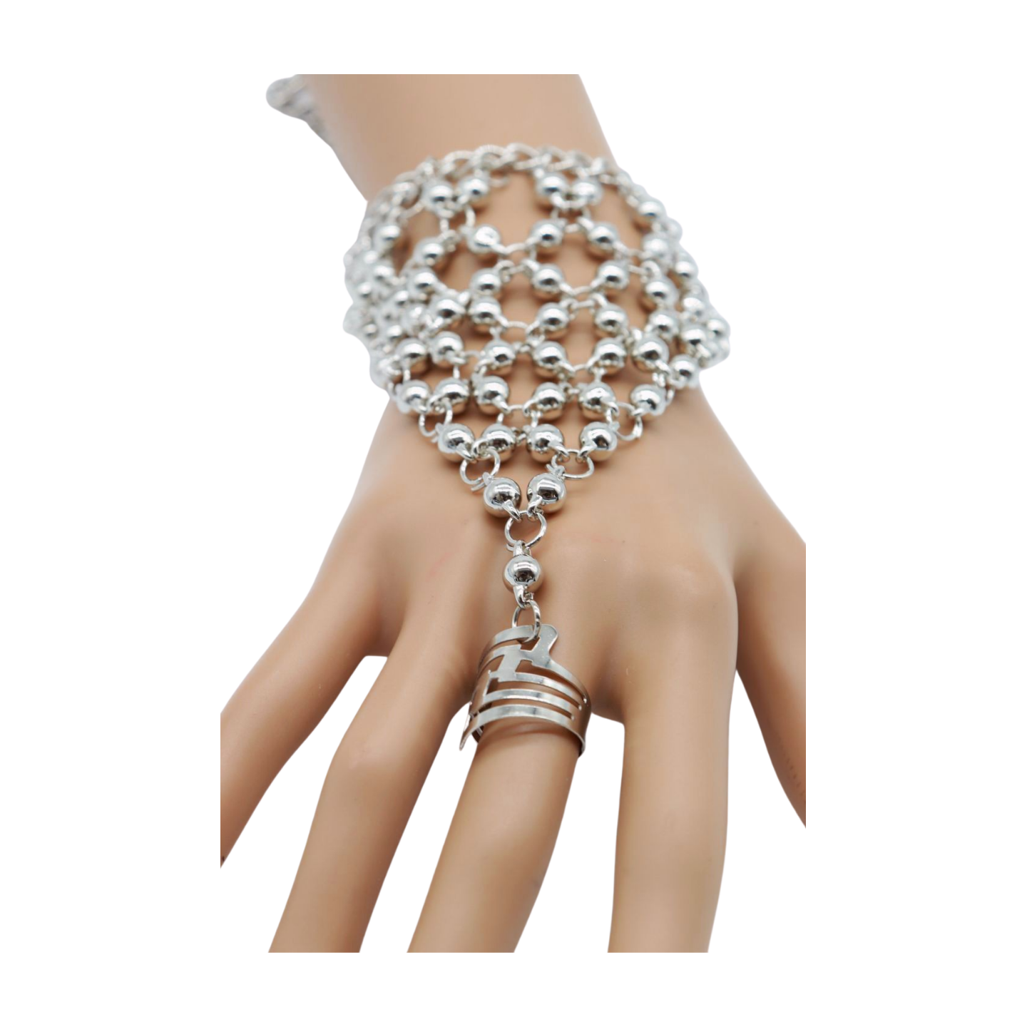 Women Silver Metal Hand Chain Bracelet Ball Charms Ring Connected One ...