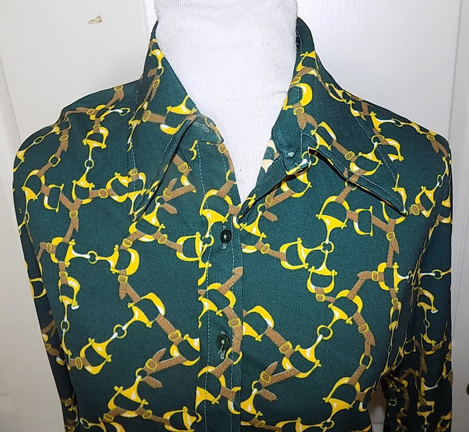 Vintage 70s Dark Green Nylon Long Sleeved Blouse Bridle Print Tami B40 ...