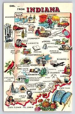 Postcard Greetings From Indiana, Map, Destination, Tourism | eBay