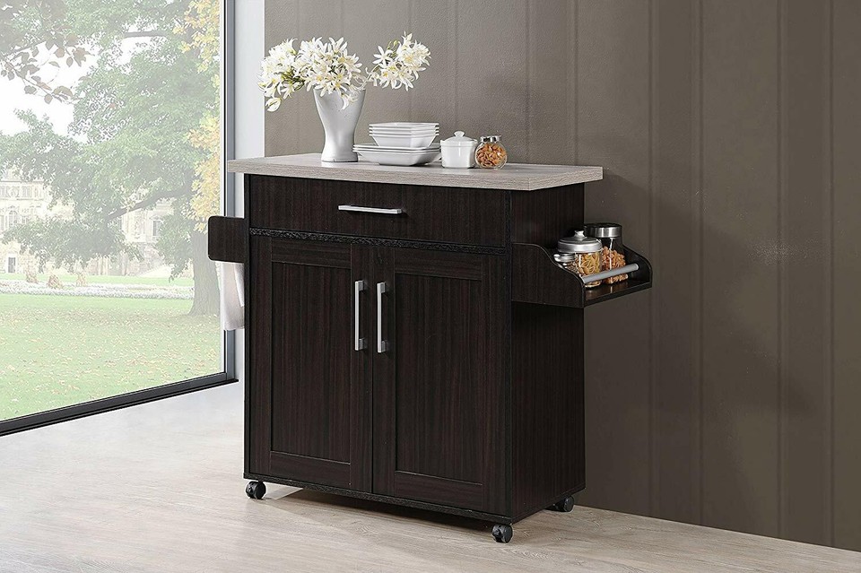 Espresso Kitchen Trolley Cart Island Rolling Storage Prep Table Utility ...