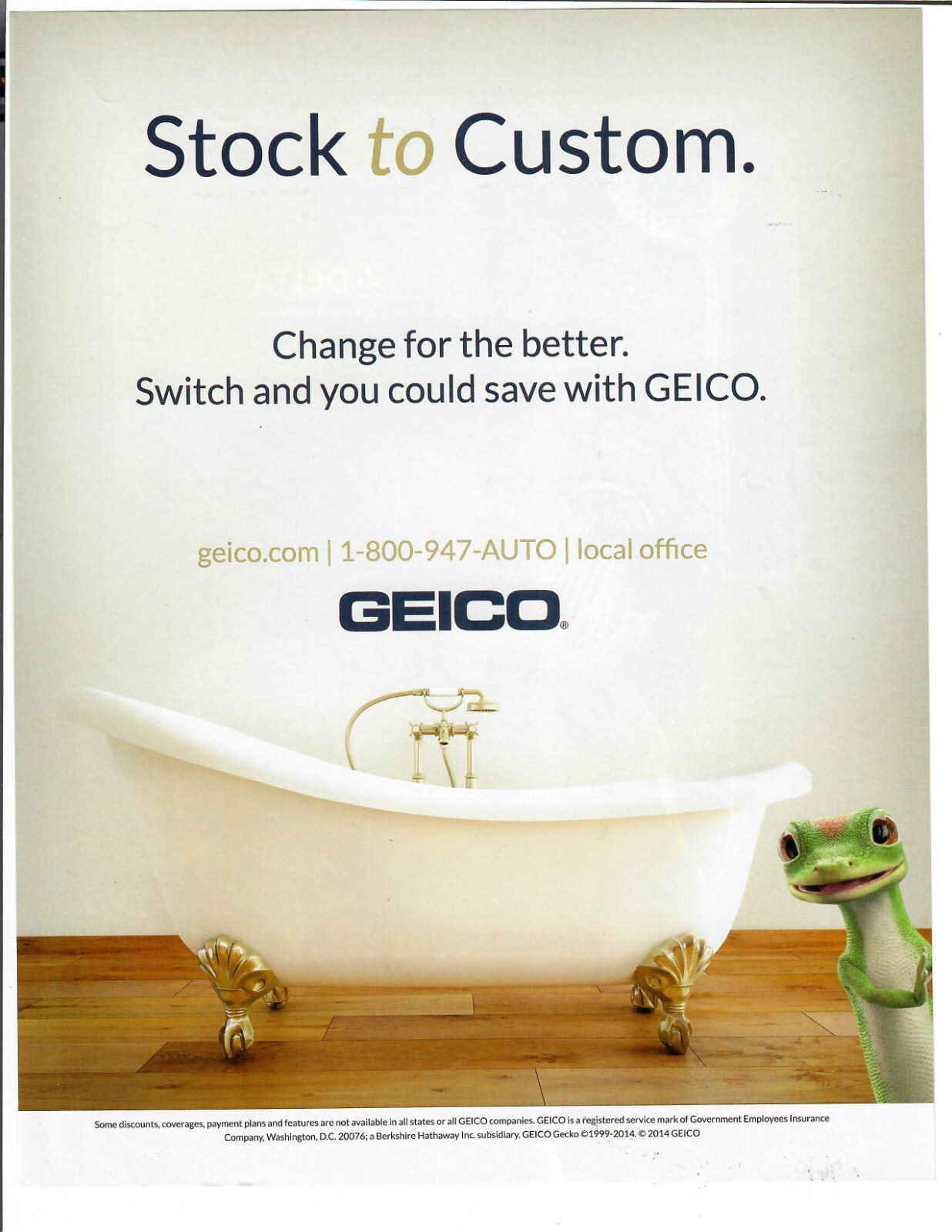 Geico Insurance Original Print Ad Switch And Save Gecko Clawfoot Tub | eBay