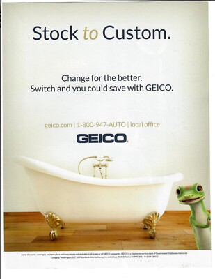 Geico Insurance Original Print Ad Switch And Save Gecko Clawfoot Tub | eBay