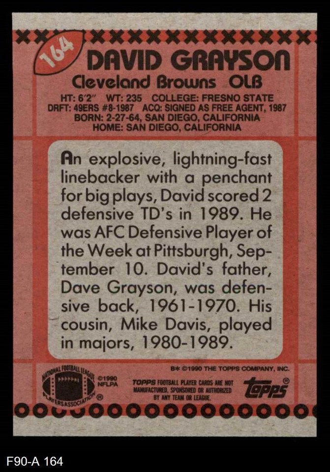 1990 Topps #164 David Grayson Browns-FB Fresno St 8 - NM/MT | eBay
