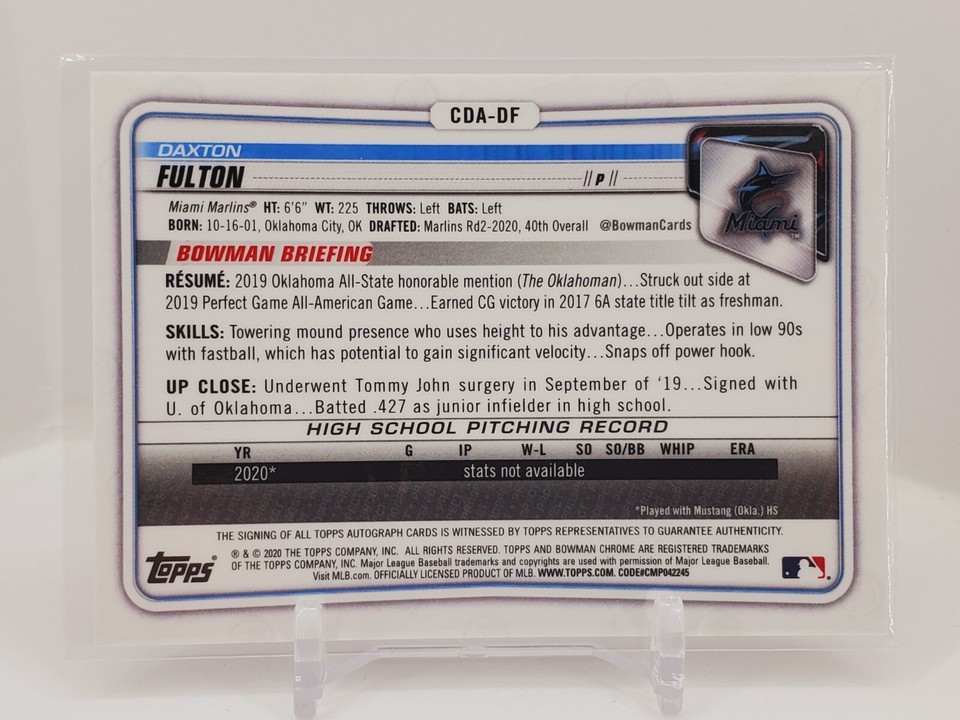 2020 Bowman Chrome 1st Daxton Fulton Base Auto Marlins Dax ROOKIE ...