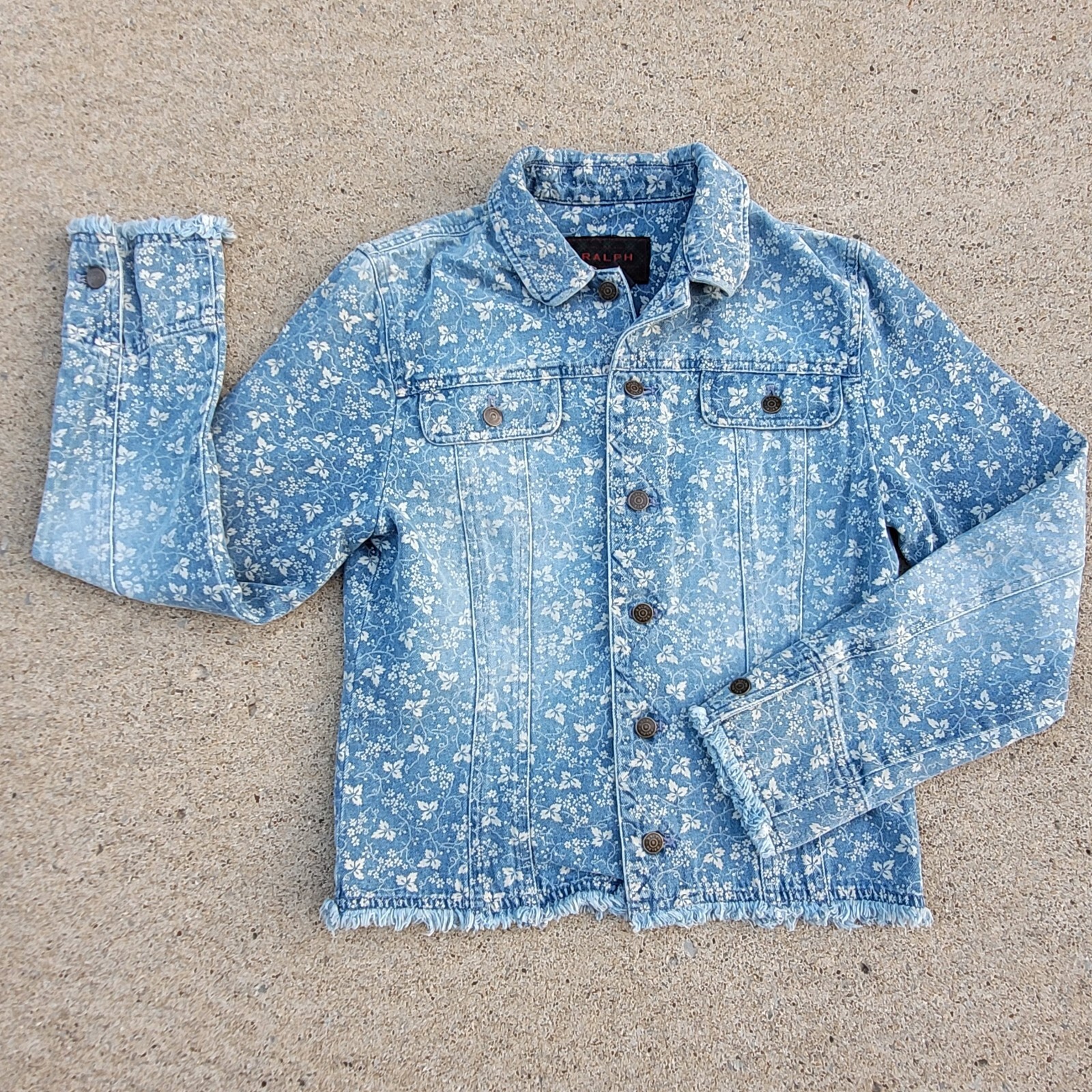 Ralph Lauren Blue Bleach Print Button Up Denim Shirt Jacket Fringe Hem ...