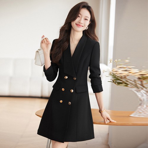 Women's Double-Breasted A-Line Dress Business Workwear Long Sleeve ...