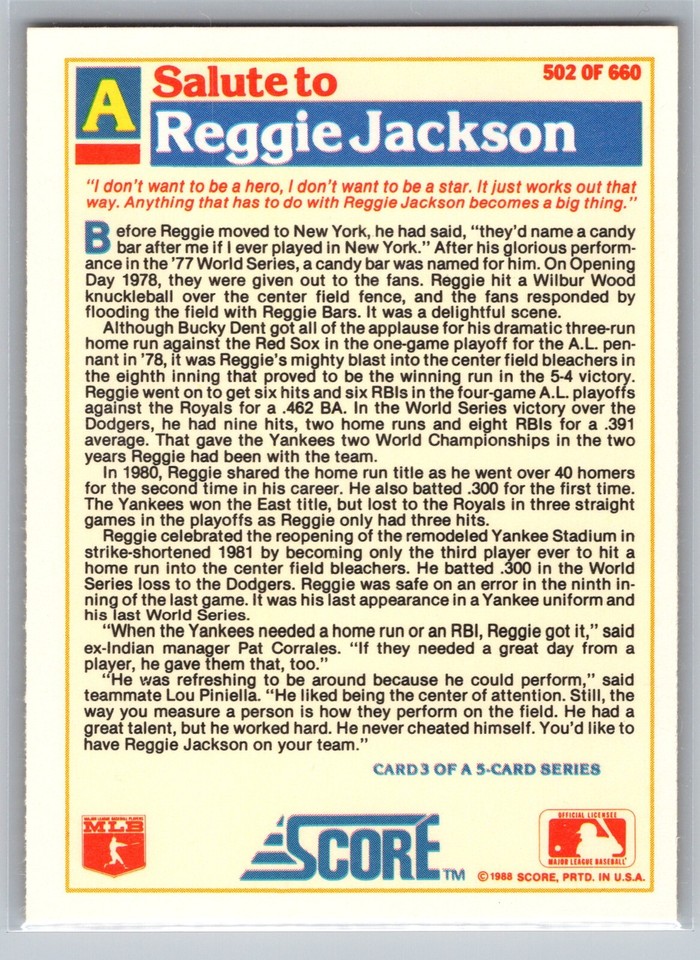 1989 Reggie Jackson Score Baseball Salute To Reggie Jackson #502 MLB ...
