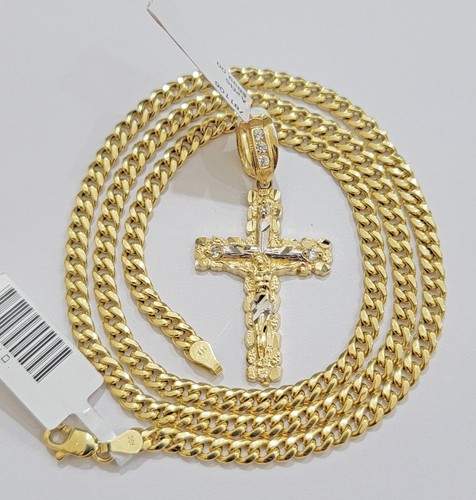 10k Yellow Gold Cross Charm Pendant 18-26" Miami Cuban Link Chain ...