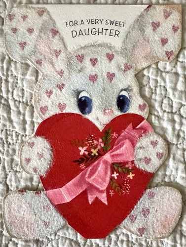 Vintage Valentine Rabbit Bunny Hold Candy Box Flocked Vtg Greeting Card ...