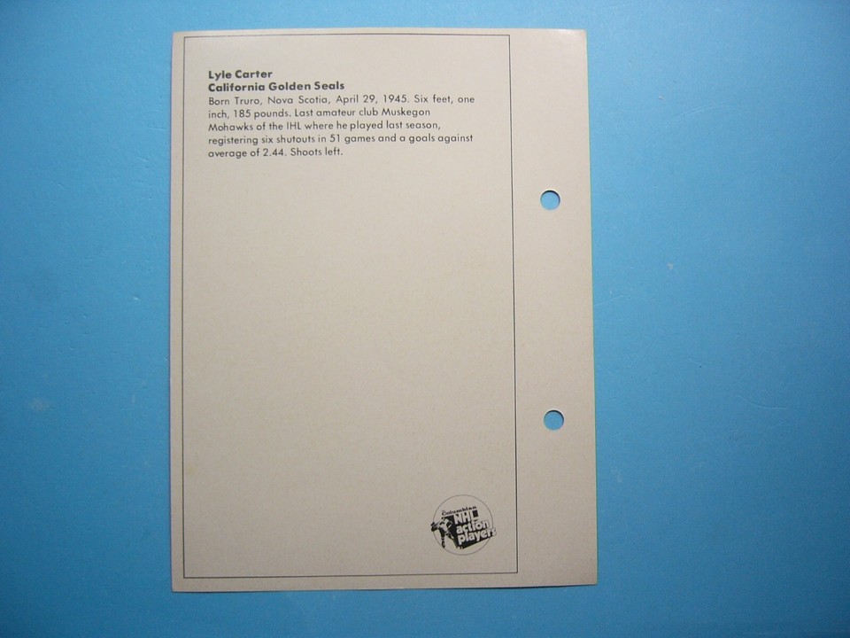 1971/72 COLUMBIAN NHL ACTION HOCKEY PHOTO LYLE CARTER ROOKIE SHARP ...