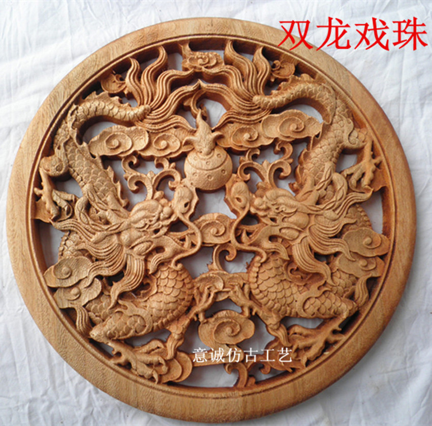 26.5cm Chinese Camphor Wood Hand Carved Dragon Statue Plate Wall ...