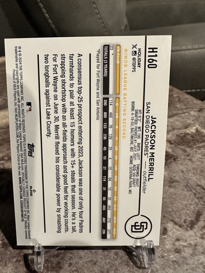 2024 Topps Holiday Jackson Merrill SP RC Candy Cane Bat & Lights ...