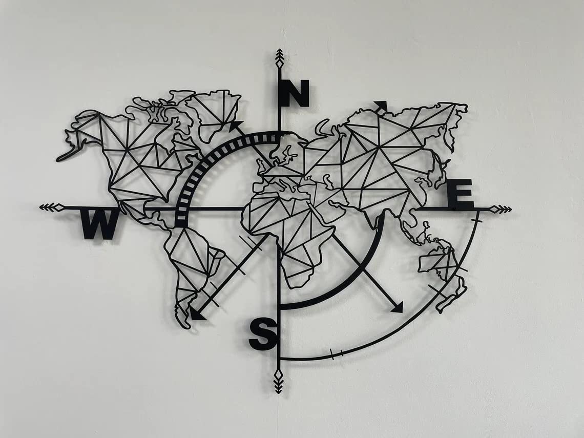 Metal World Map Wall Art Geometric Compass Metal Wall Decor Art Work ...