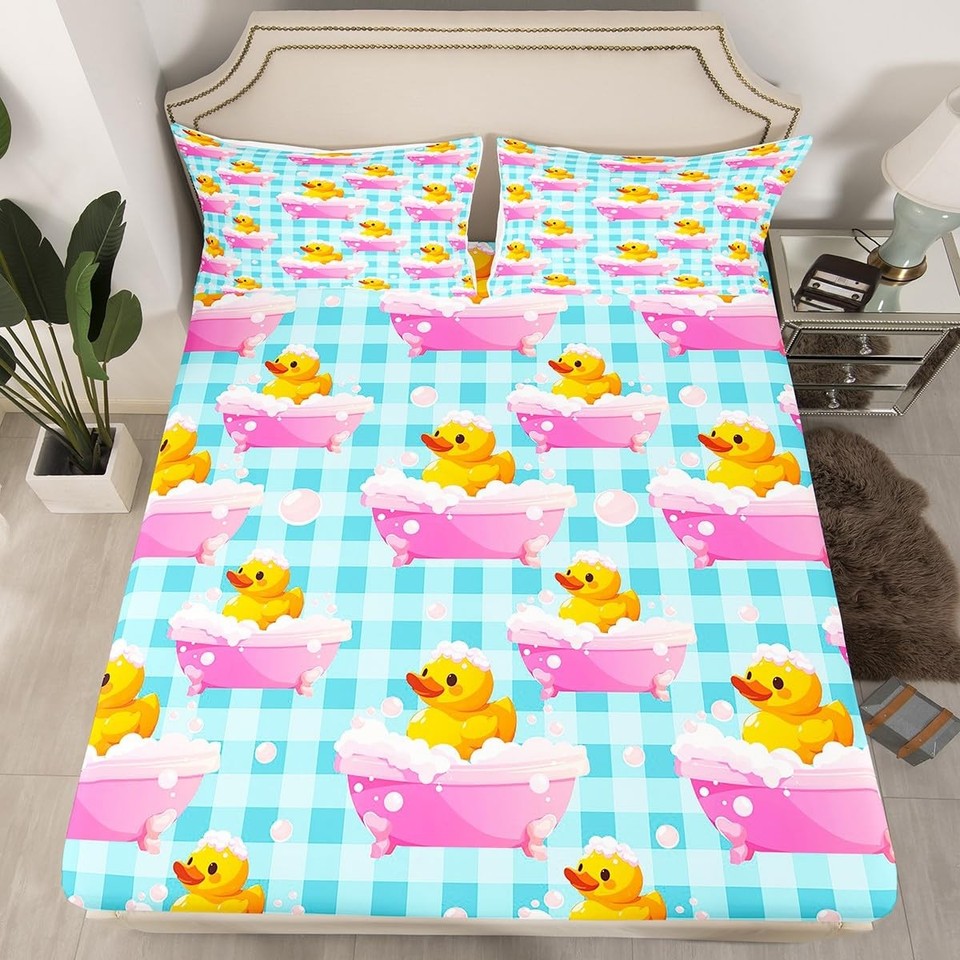 Boys Girls Blue Plaid Twin Bed Sheets Cute Yellow Duck Set Cartoon ...