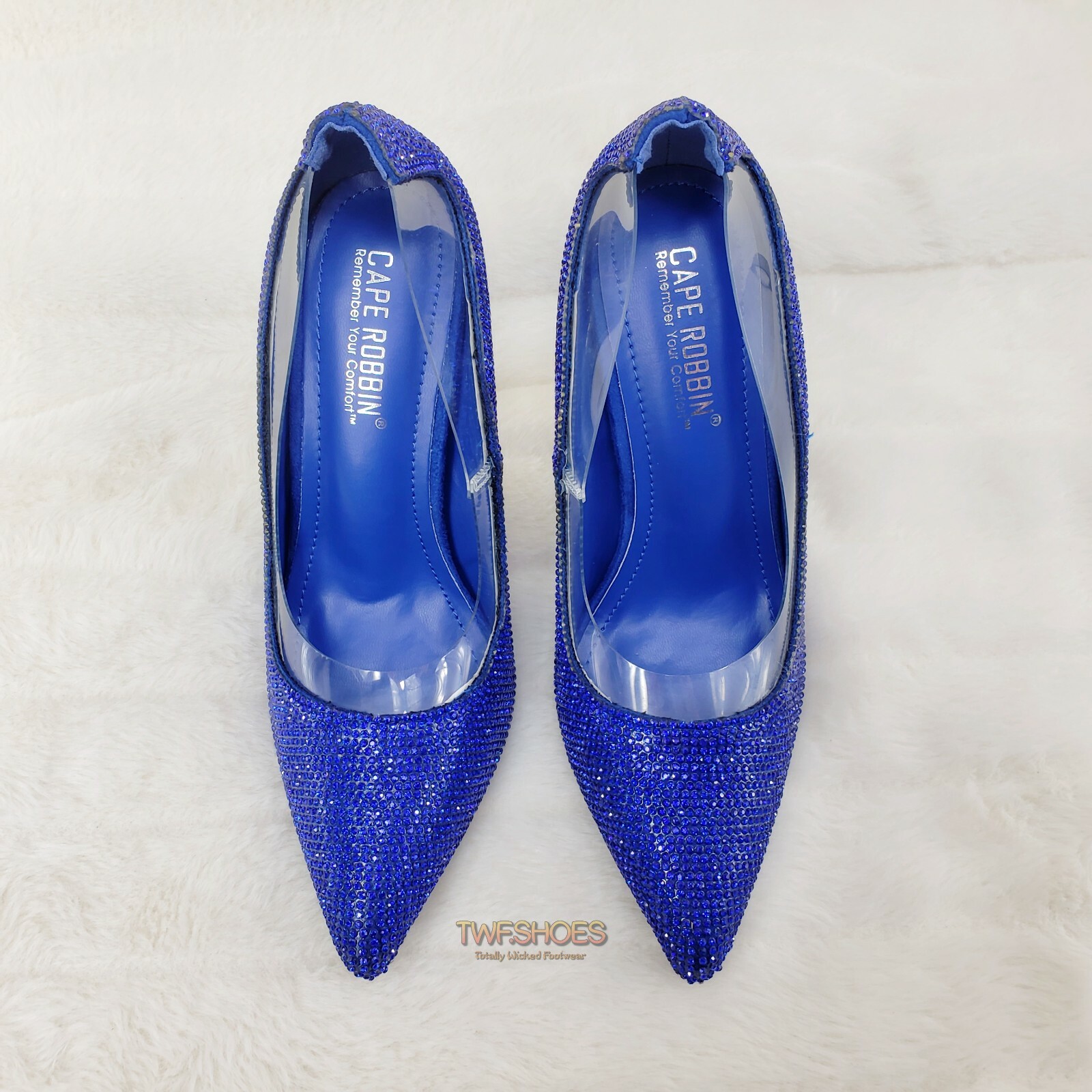 CR Blue Rhinestone Pointy Toe Lucite Pump Shoe 4.25" Stiletto High ...