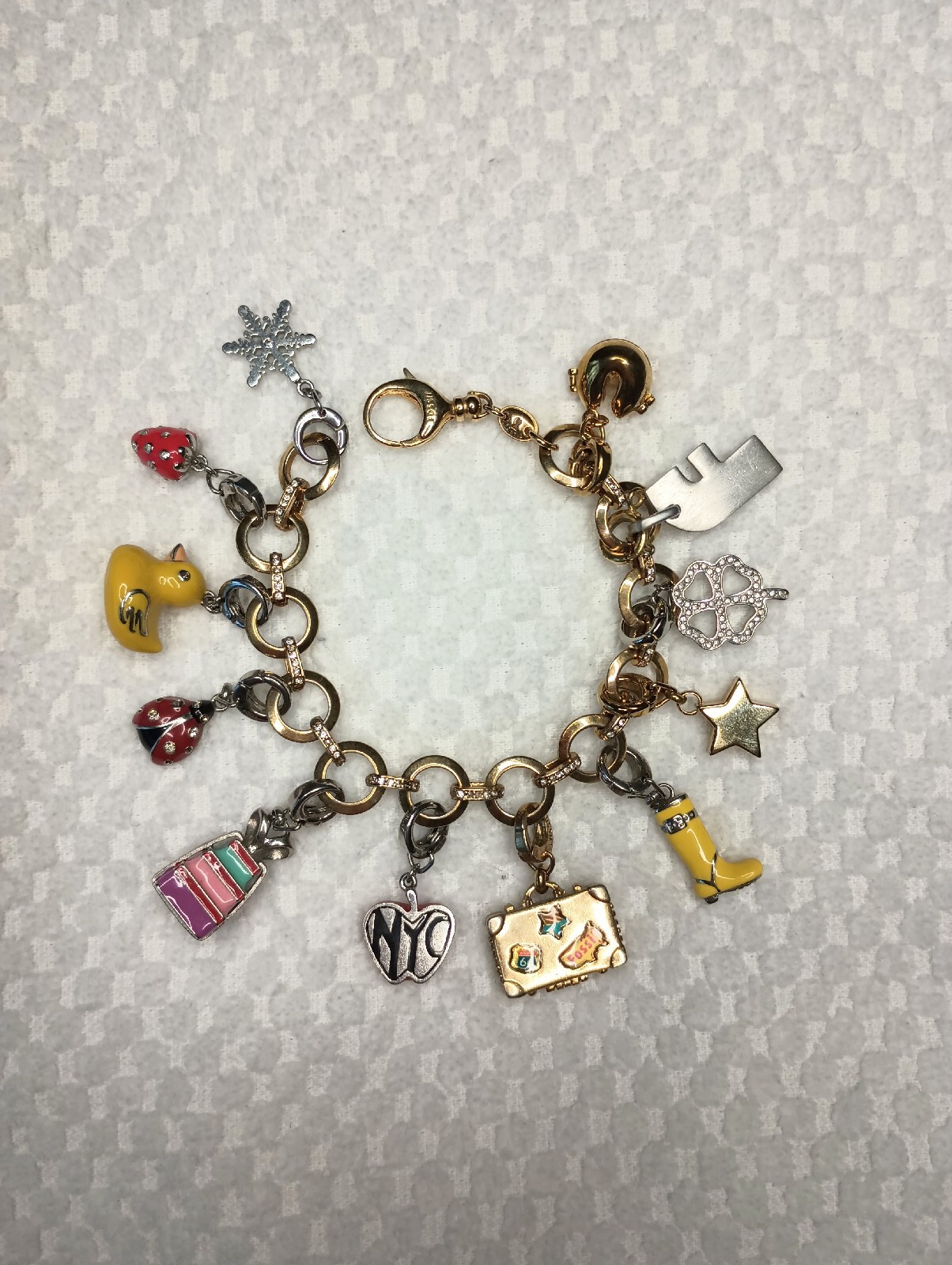 Fossil Charm Bracelet 12 Charms Rare Suitcase NYC Apple Strawberry Duck ...