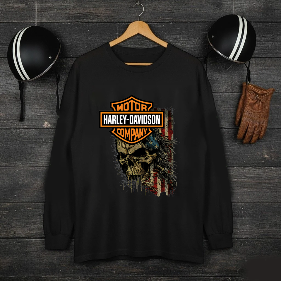 Harley Davidson Skull T-Shirt American Flag Biker T-Shirt, Sweatshirt ...