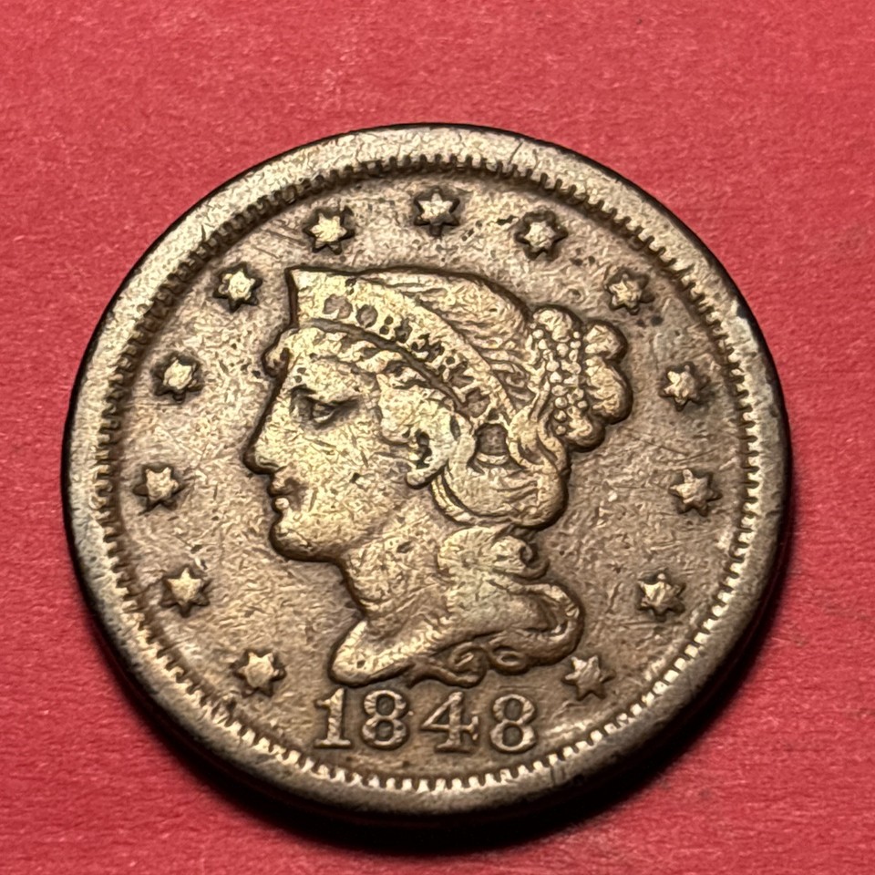 (1) Beautiful Antique 1848 Braided Hair Large Cent/Penny F-FINE NICE ...