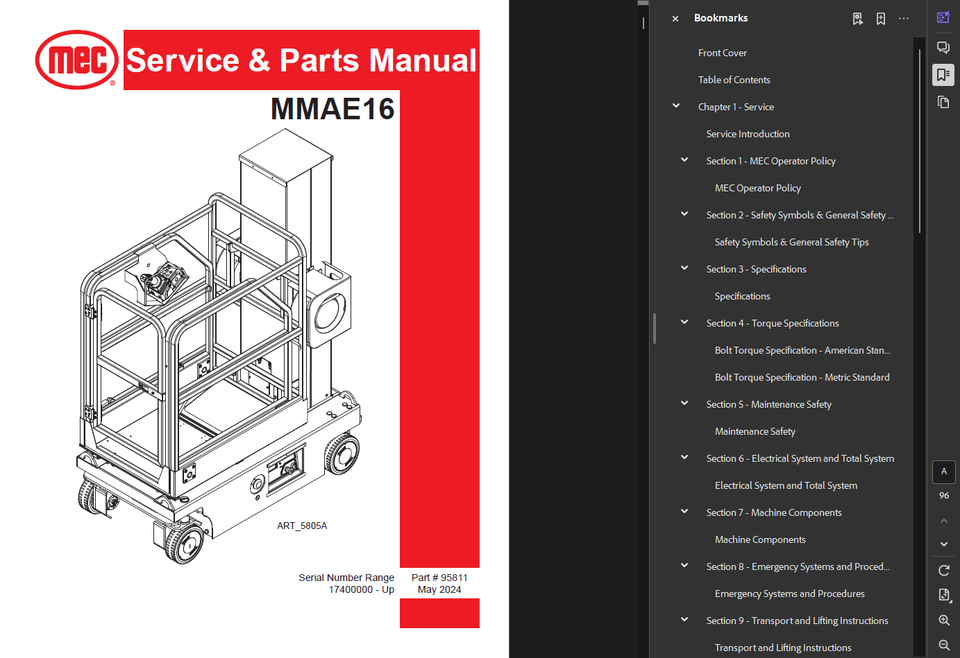 MEC MMAE16 MAN PERSONNEL VERTICLE LIFT OWNERS SERVICE PARTS MANUAL PDF ...