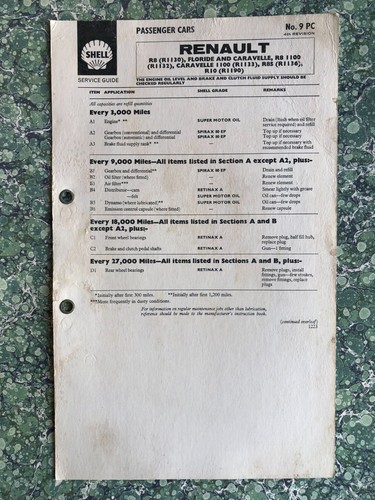 Shell Service Guide Lub' Chart Renault R8 Floride Caravelle + Gordini ...