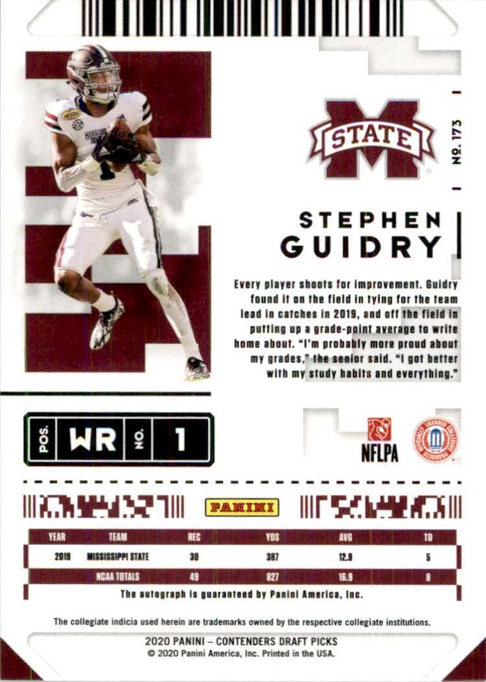 2020 Panini NFL Contenders Draft Picks College Ticket Auto Stephen ...