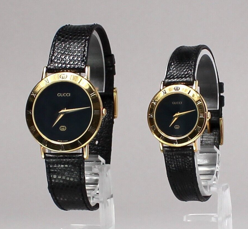 [Near MINT] GUCCI 3000M & 3000L set Gold Black Dial Roman Quartz Men's ...