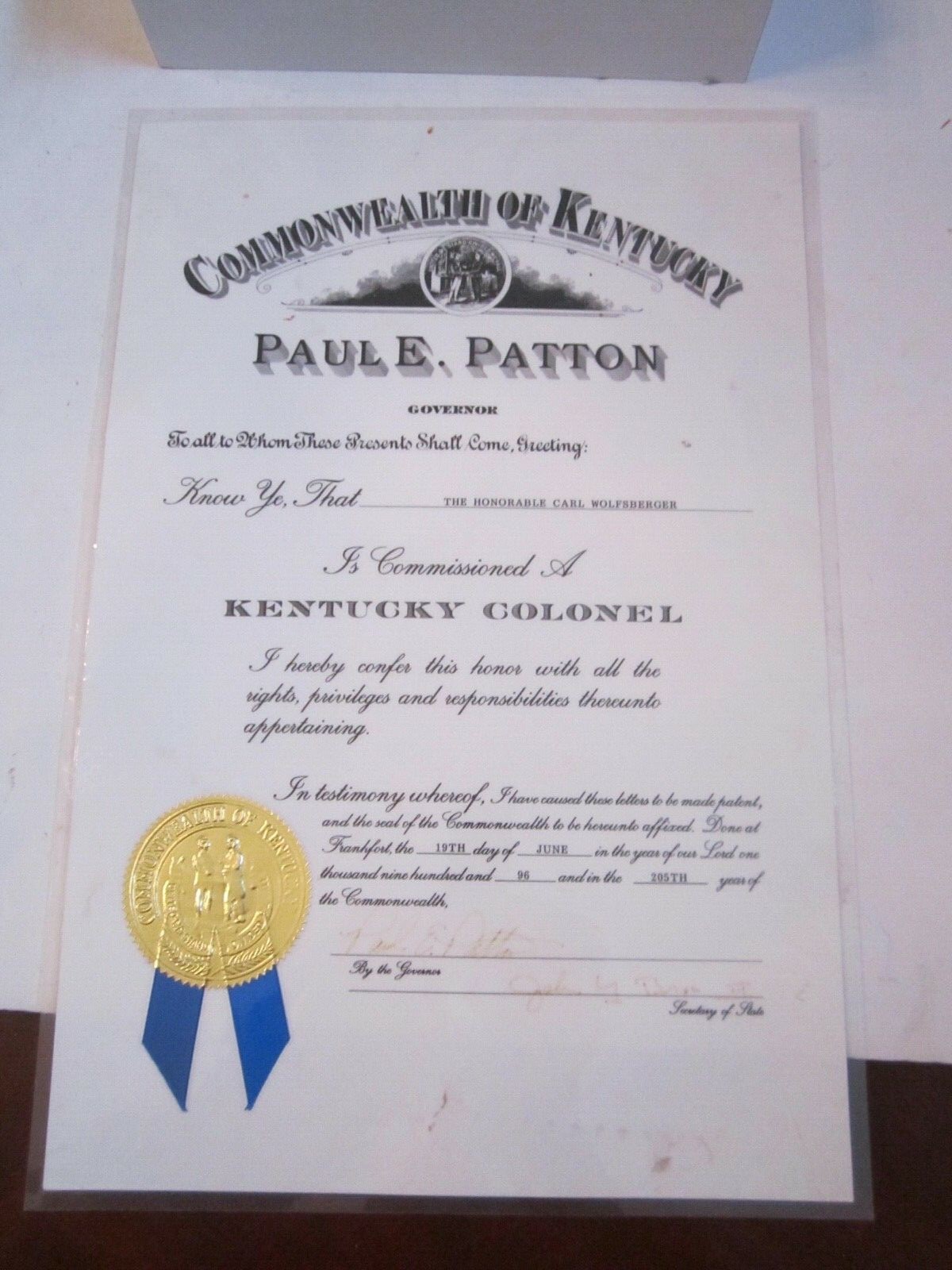 1996 COMMONWEALTH OF KENTUCKY CERTIFICATE - "KENTUCKY COLONEL" - BN-5 ...