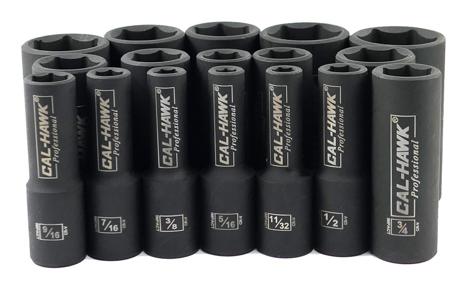 17PC CAL HAWK 1/2" Dr. 6 POINT SAE Deep Impact Sockets Chrome Vanadium ...