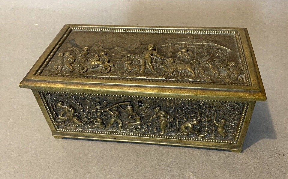 Antique Victorian Decorated Bronze Keepsake Box with Old World Village ...