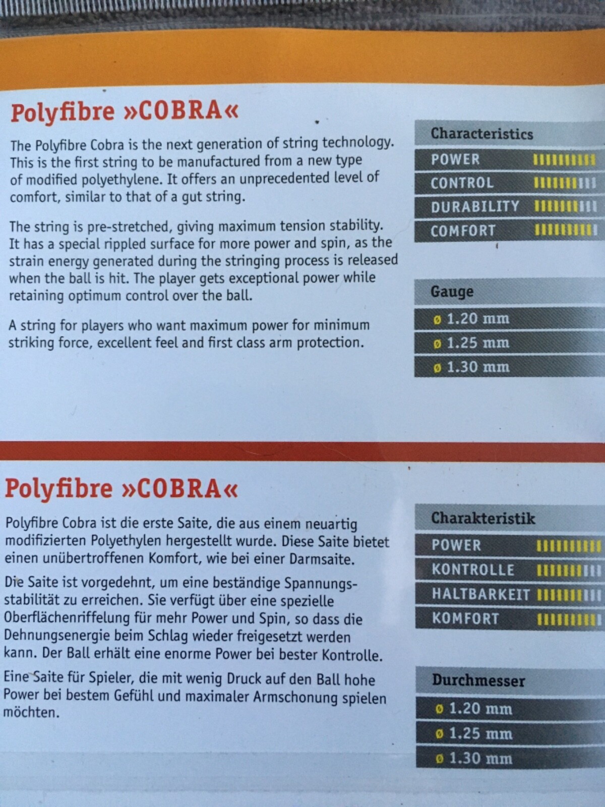 Polyfibre Cobra tennis strings (5 sets) 3 sets of 1.20 mm and 2 sets of ...