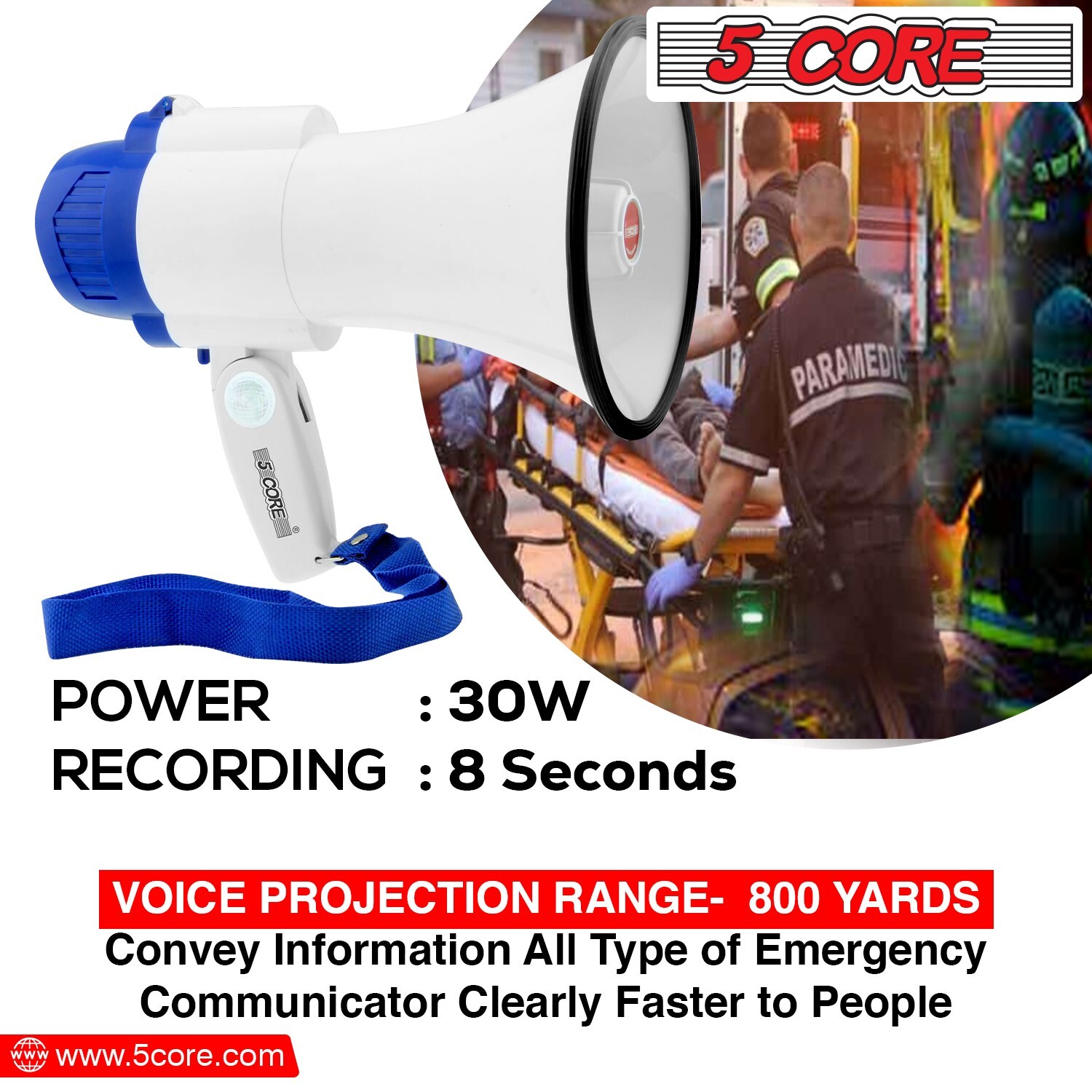 5Core 30W Megaphone Bullhorn Voice Recording Siren Blow Horn HandHeld ...
