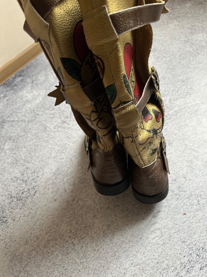 RARE ED HARDY “Love Kills” Dagger Combat Gold Motorcycle Boot Size Eu40 ...
